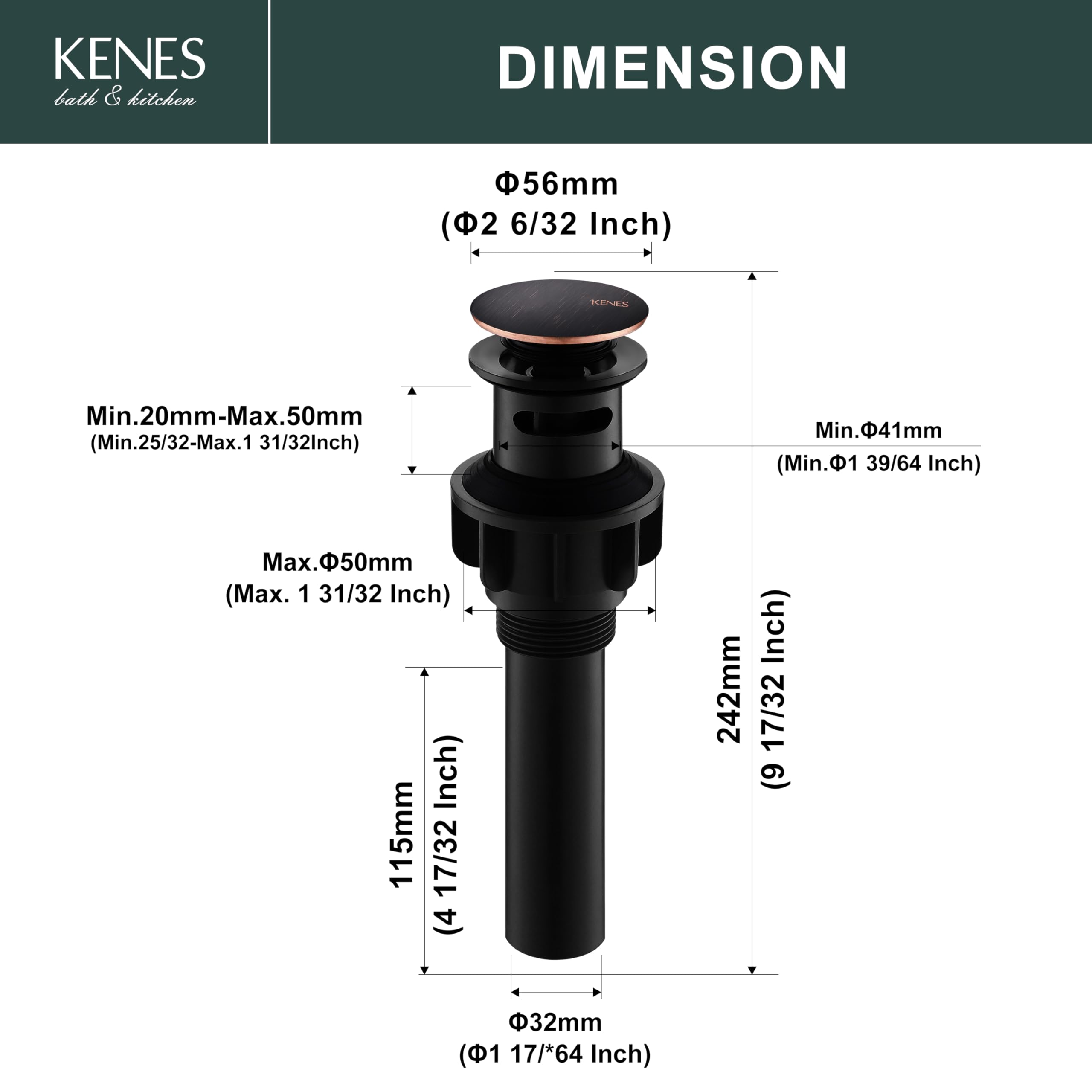 KENES Oil Rubbed Bronze Pop Up Sink Drain, Bathroom Vessel Lavatory Vanity Faucet Sink Drain Stopper, Sink Drain Assembly with Overflow Anti Clog Pop Up Drain