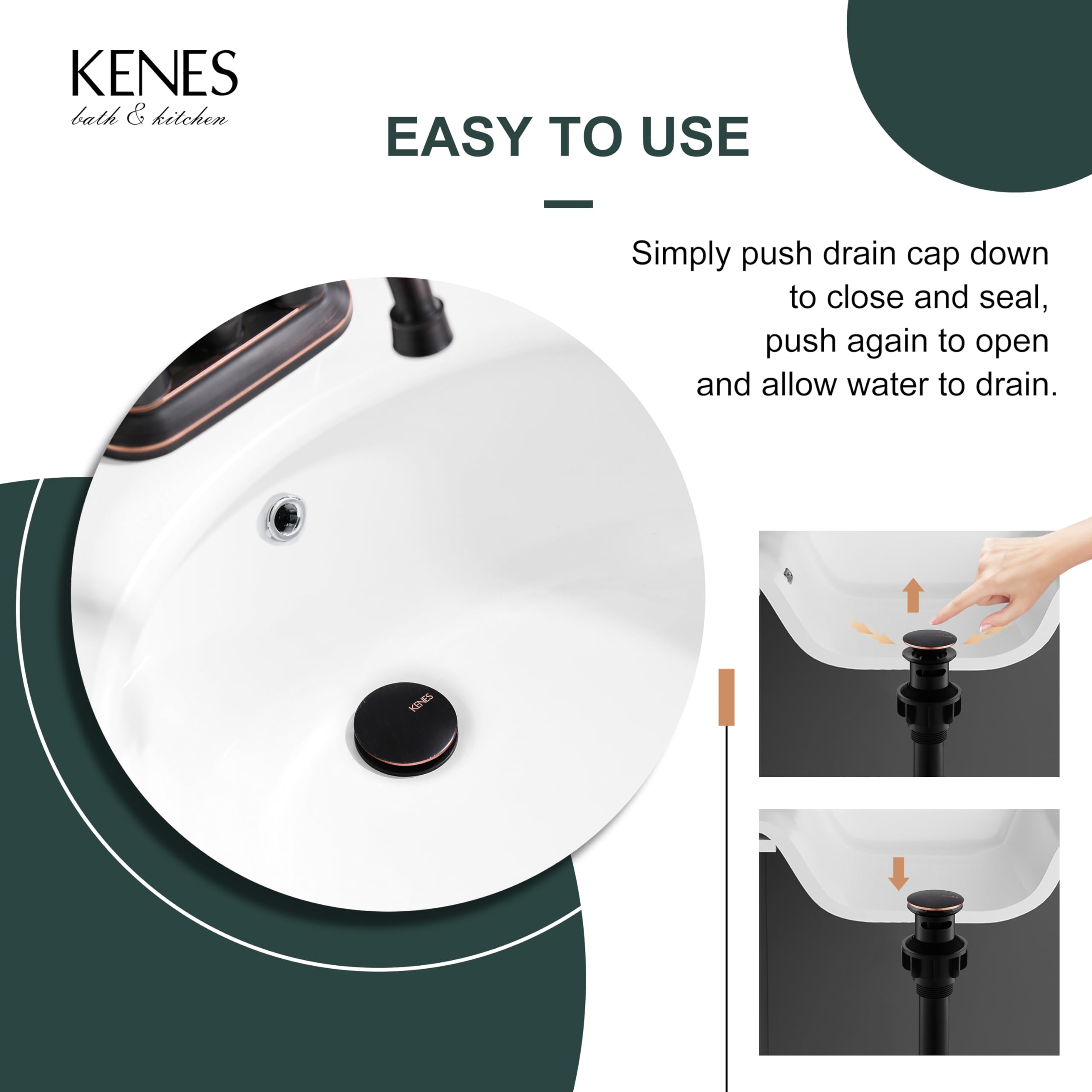 KENES Oil Rubbed Bronze Pop Up Sink Drain, Bathroom Vessel Lavatory Vanity Faucet Sink Drain Stopper, Sink Drain Assembly with Overflow Anti Clog Pop Up Drain