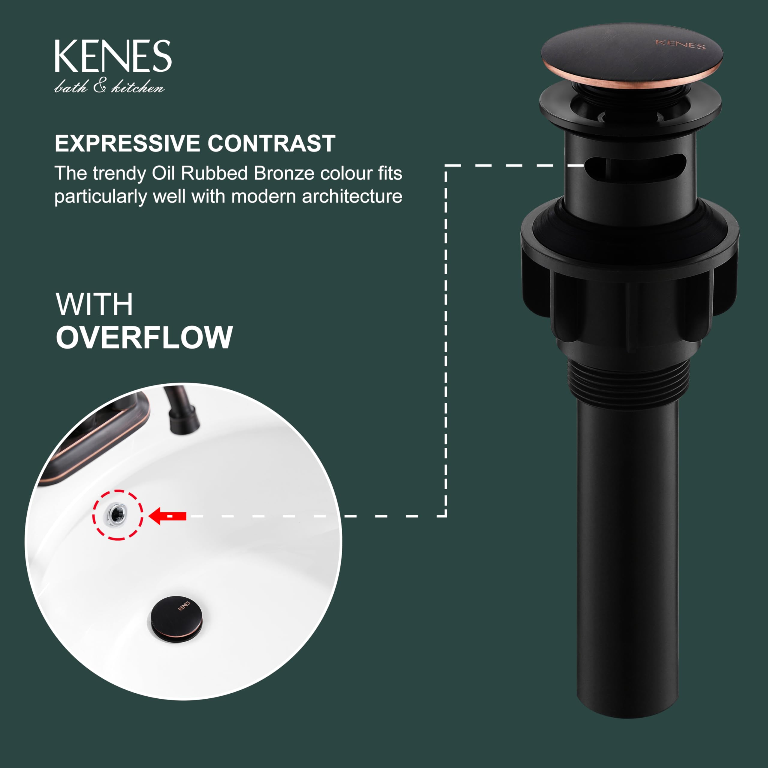 KENES Oil Rubbed Bronze Pop Up Sink Drain, Bathroom Vessel Lavatory Vanity Faucet Sink Drain Stopper, Sink Drain Assembly with Overflow Anti Clog Pop Up Drain