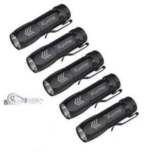 kunhe 5 pack mini small pocket led flashlight, usb rechargeable flashlights, high lumens bright powerful edc flash lights, handheld flashlights bulk, compact pocket flashlight with belt clip