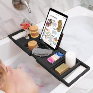 Homemaid Living Luxury Bamboo Bathtub Trays for Tub - Expandable Bathroom Tray with Reading Rack or Tablet Holder, Premium Bath Tray with Wine Glass Holder, Bathroom Caddy, Fits All Bathtubs (Black)