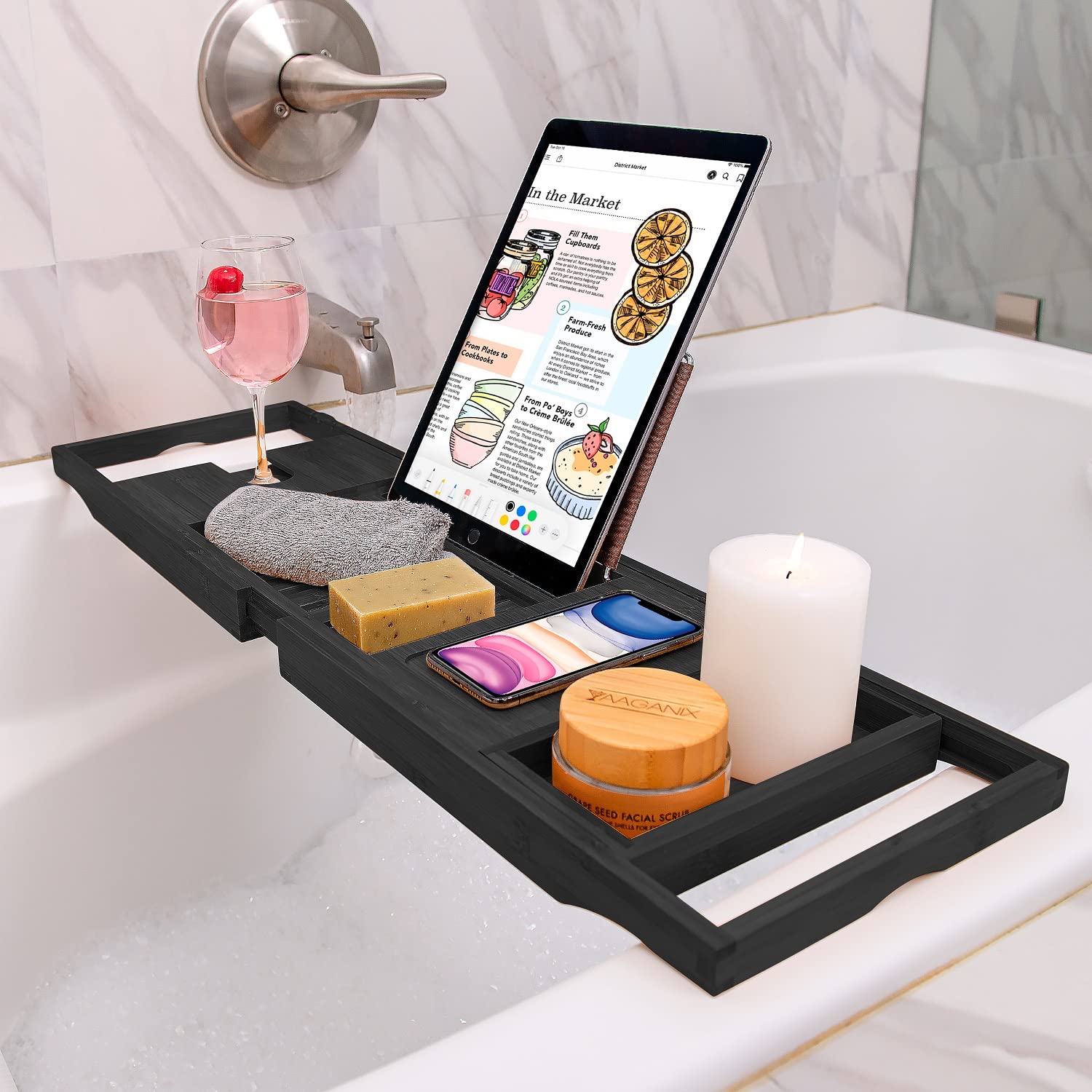 Homemaid Living Luxury Bamboo Bathtub Trays for Tub - Expandable Bathroom Tray with Reading Rack or Tablet Holder, Premium Bath Tray with Wine Glass Holder, Bathroom Caddy, Fits All Bathtubs (Black)