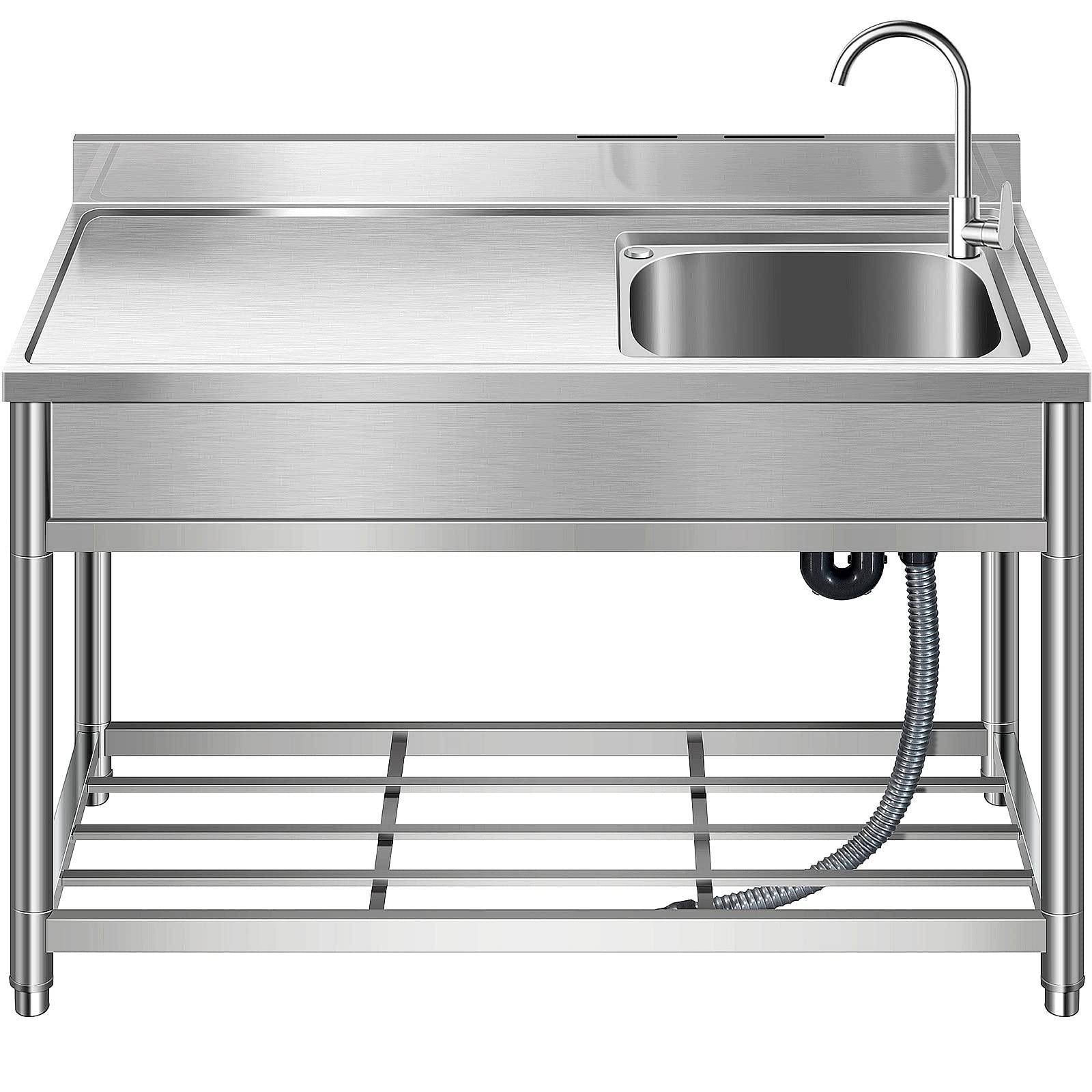 Free Standing Stainless-Steel Single Bowl, Commercial Restaurant Kitchen Sink Set w/Faucet & Drainboard, Prep & Utility Washing Hand Basin w/Workbench & Storage Shelves Indoor Outdoor (47in)