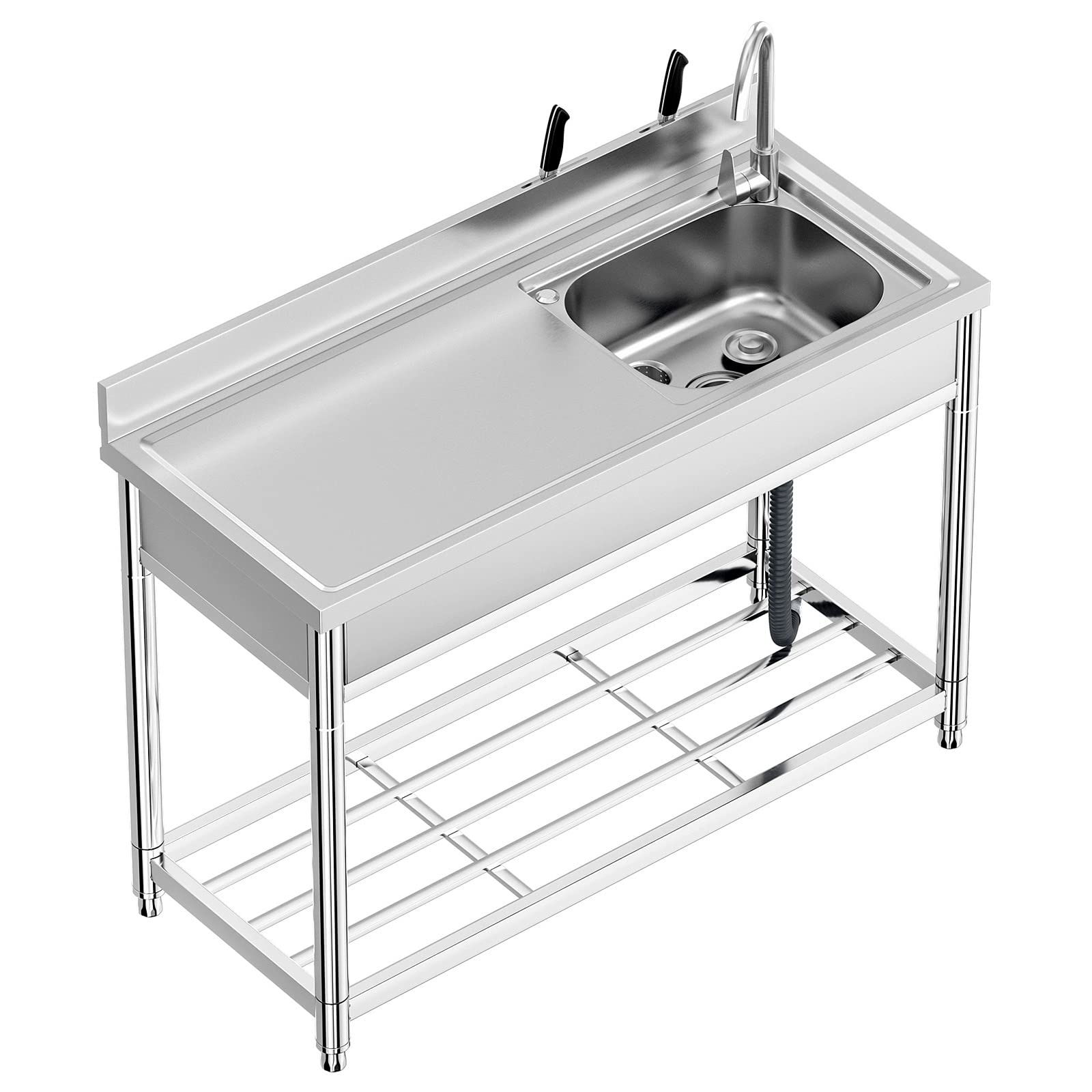 Free Standing Stainless-Steel Single Bowl, Commercial Restaurant Kitchen Sink Set w/Faucet & Drainboard, Prep & Utility Washing Hand Basin w/Workbench & Storage Shelves Indoor Outdoor (47in)