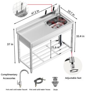 Free Standing Stainless-Steel Single Bowl, Commercial Restaurant Kitchen Sink Set w/Faucet & Drainboard, Prep & Utility Washing Hand Basin w/Workbench & Storage Shelves Indoor Outdoor (47in)