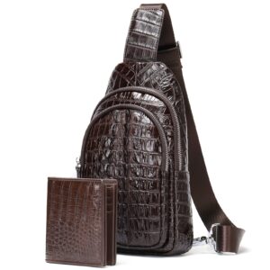 NIUCUNZH Crocodile Leather Sling Bag, Cool Man Bags One Shoulder Backpack for Men and Women Coffee