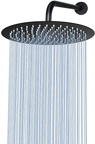 Rain Shower Head With Extension Arm, NearMoon Round Shower Heads, Large Stainless Steel Rainfall Showerhead-Waterfall Full Body Coverage (12 Inch Shower Head With 15 Inch Shower Arm, Matte Black)