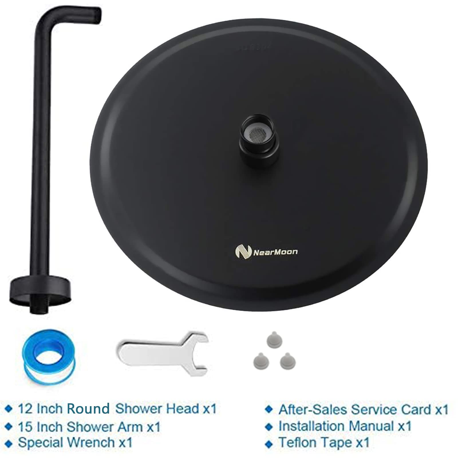 Rain Shower Head With Extension Arm, NearMoon Round Shower Heads, Large Stainless Steel Rainfall Showerhead-Waterfall Full Body Coverage (12 Inch Shower Head With 15 Inch Shower Arm, Matte Black)