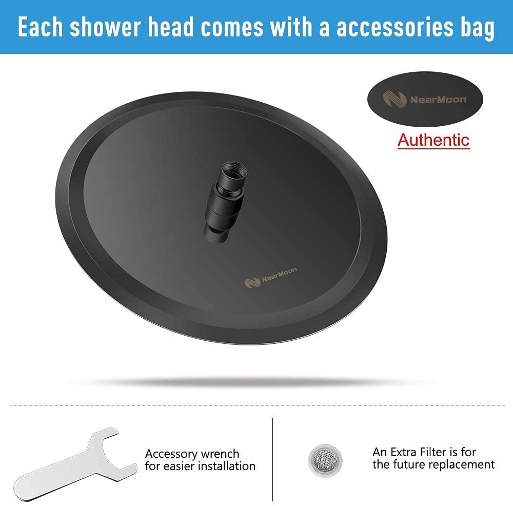 Rain Shower Head With Extension Arm, NearMoon Round Shower Heads, Large Stainless Steel Rainfall Showerhead-Waterfall Full Body Coverage (12 Inch Shower Head With 15 Inch Shower Arm, Matte Black)