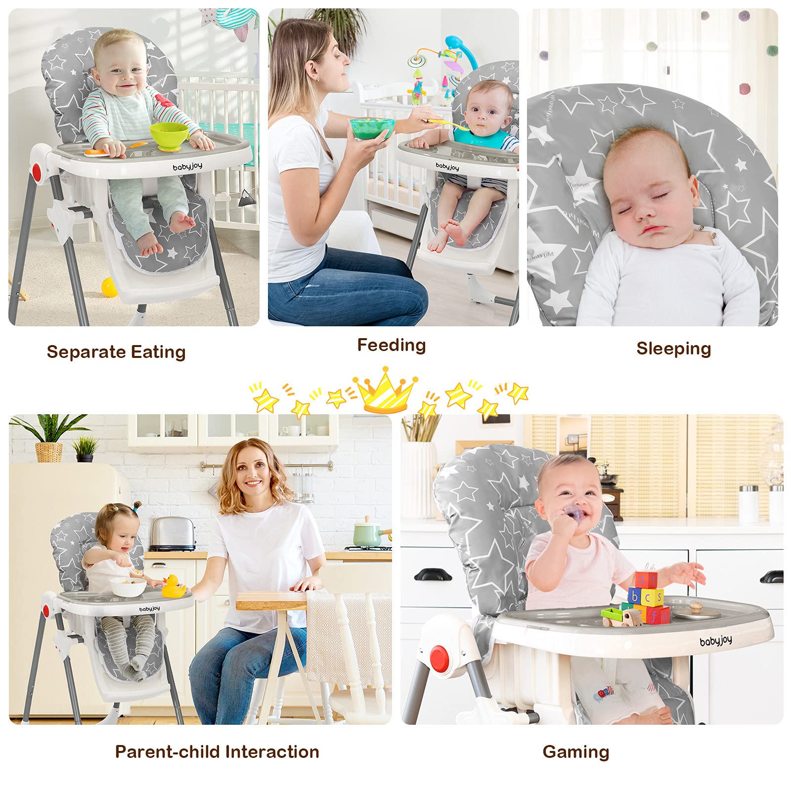 BABY JOY Folding High Chair for Babies & Toddlers, Infant Dining Chair w/Removable Dishwasher Safe Tray, 5-Point Safety Belt, Wheels, Detachable Cushion, Adjustable Backrest Footrest & Height (Gray)