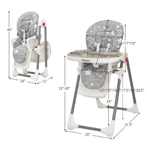 BABY JOY Folding High Chair for Babies & Toddlers, Infant Dining Chair w/Removable Dishwasher Safe Tray, 5-Point Safety Belt, Wheels, Detachable Cushion, Adjustable Backrest Footrest & Height (Gray)