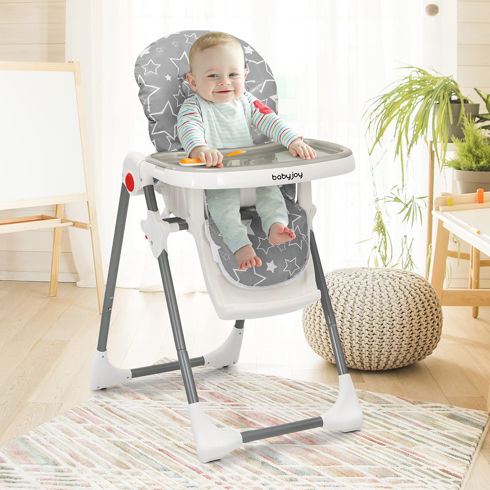 BABY JOY Folding High Chair for Babies & Toddlers, Infant Dining Chair w/Removable Dishwasher Safe Tray, 5-Point Safety Belt, Wheels, Detachable Cushion, Adjustable Backrest Footrest & Height (Gray)