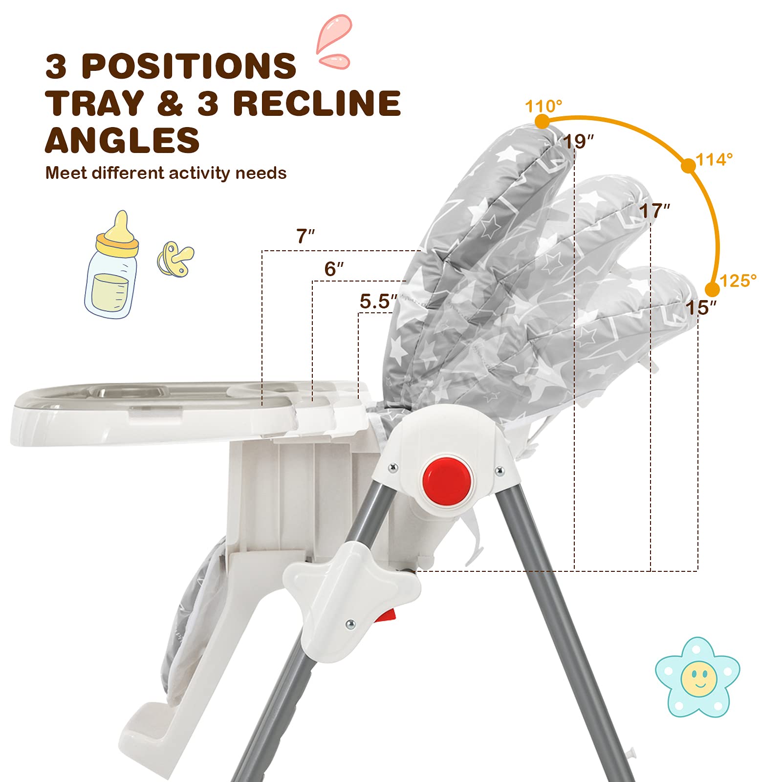 BABY JOY Folding High Chair for Babies & Toddlers, Infant Dining Chair w/Removable Dishwasher Safe Tray, 5-Point Safety Belt, Wheels, Detachable Cushion, Adjustable Backrest Footrest & Height (Gray)