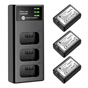 firstpower np-fw50 battery 3-pack and triple slot charger for sony alpha a6000 a6300 a6400 a6500 a7 a7ii a7rii a7sii a7s a7s2 a7r a7r2 a5100 a5000 rx10 rx10ii zv-e10