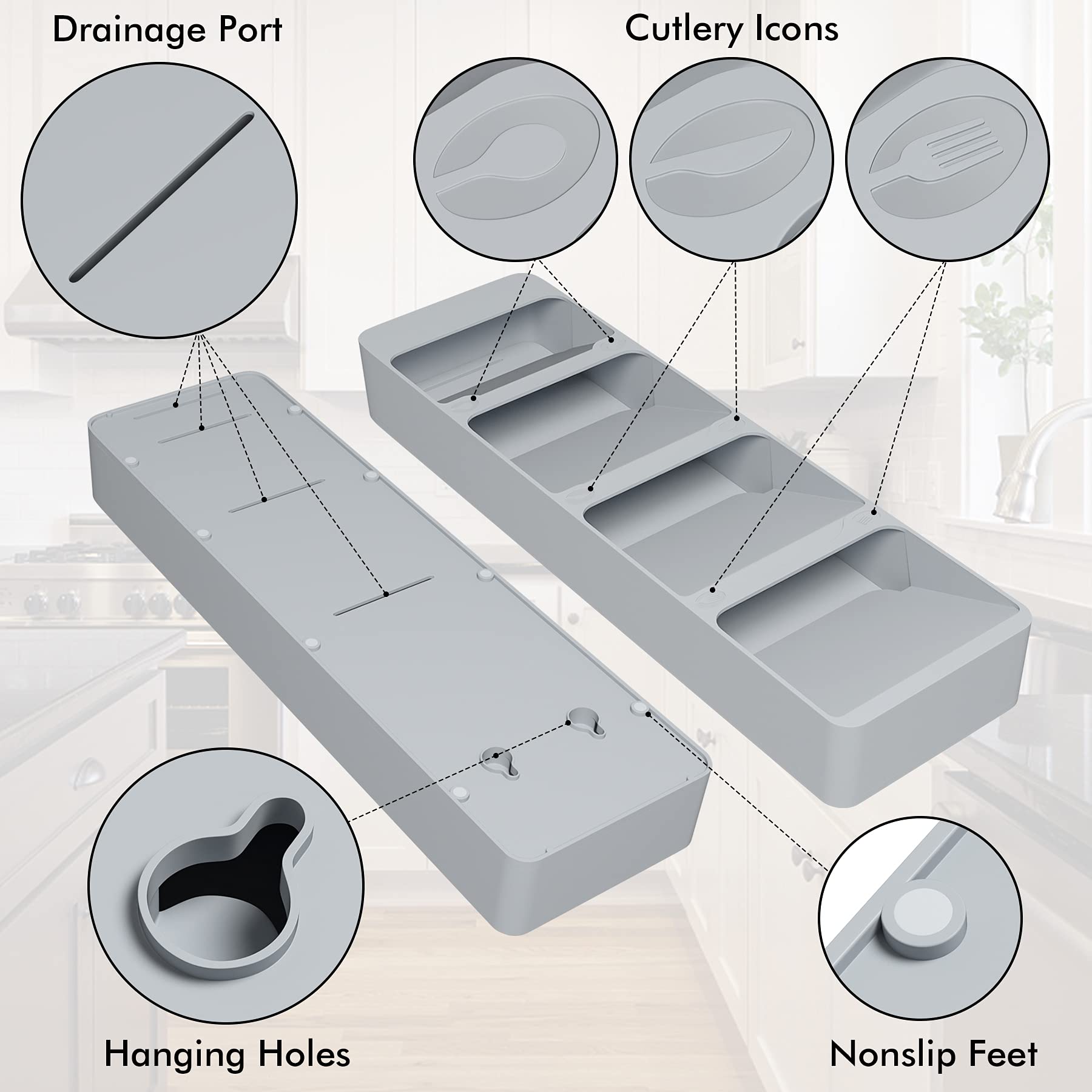 HOTEC Kitchen Drawer Organizer Tray Compact Cutlery Organizer Tray Box for Silverware Cutlery Spoon Knife and Fork Partition Storage, Grey