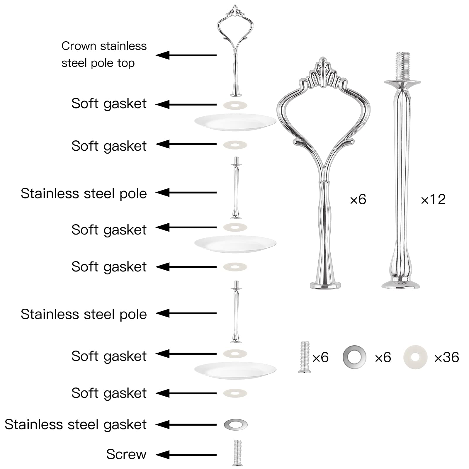 6 Set Large Tiered Tray Hardware for Cake Stand Mold Crown Upgrade 3 Tier Cake Stand Fittings Hardware Holder for Party and Wedding Making Resin Cupcake Dessert Platter Serving Stand (Silver)