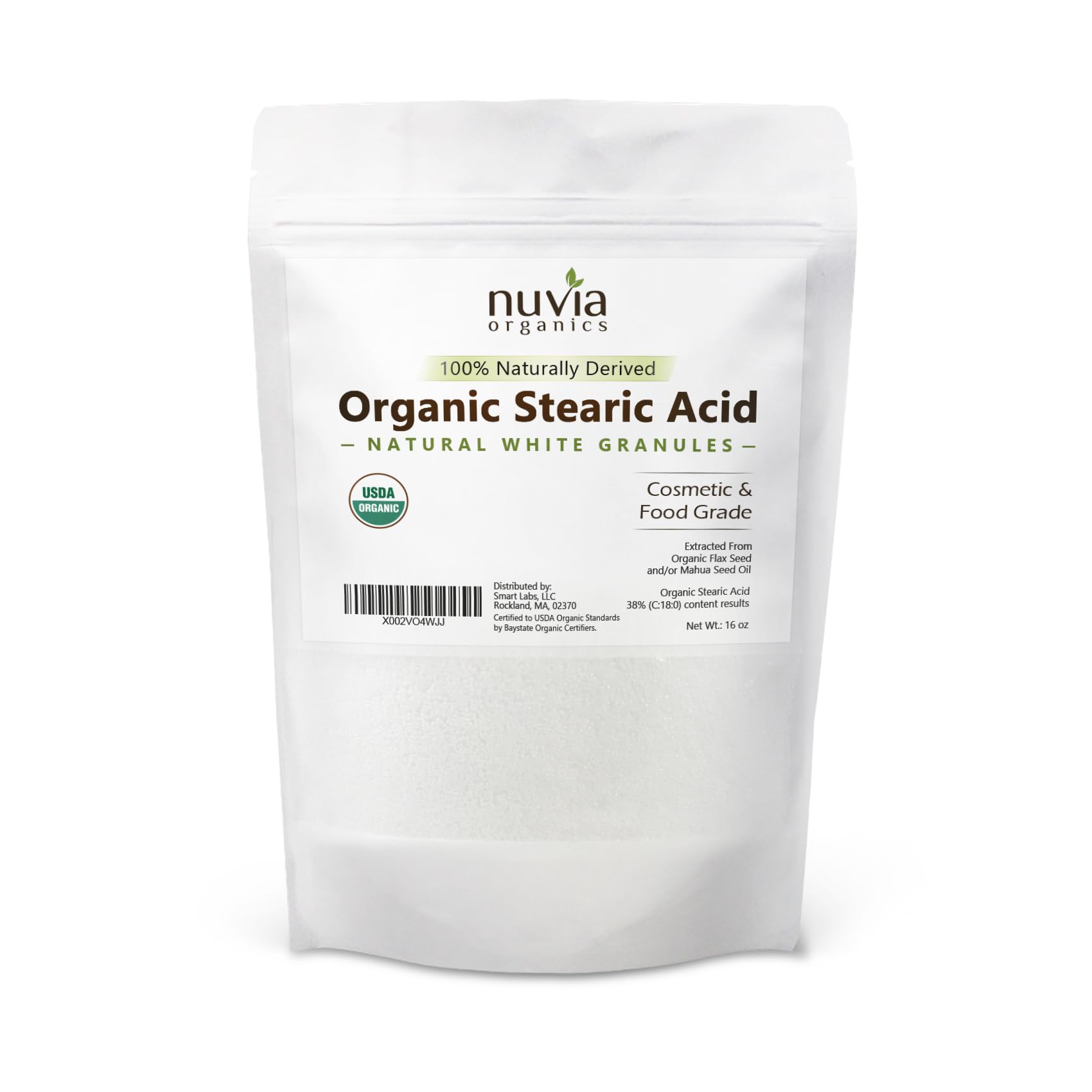 Nuvia Organics Stearic Acid - USDA Certified, Non-GMO, Cosmetic & Food Grade; 16oz