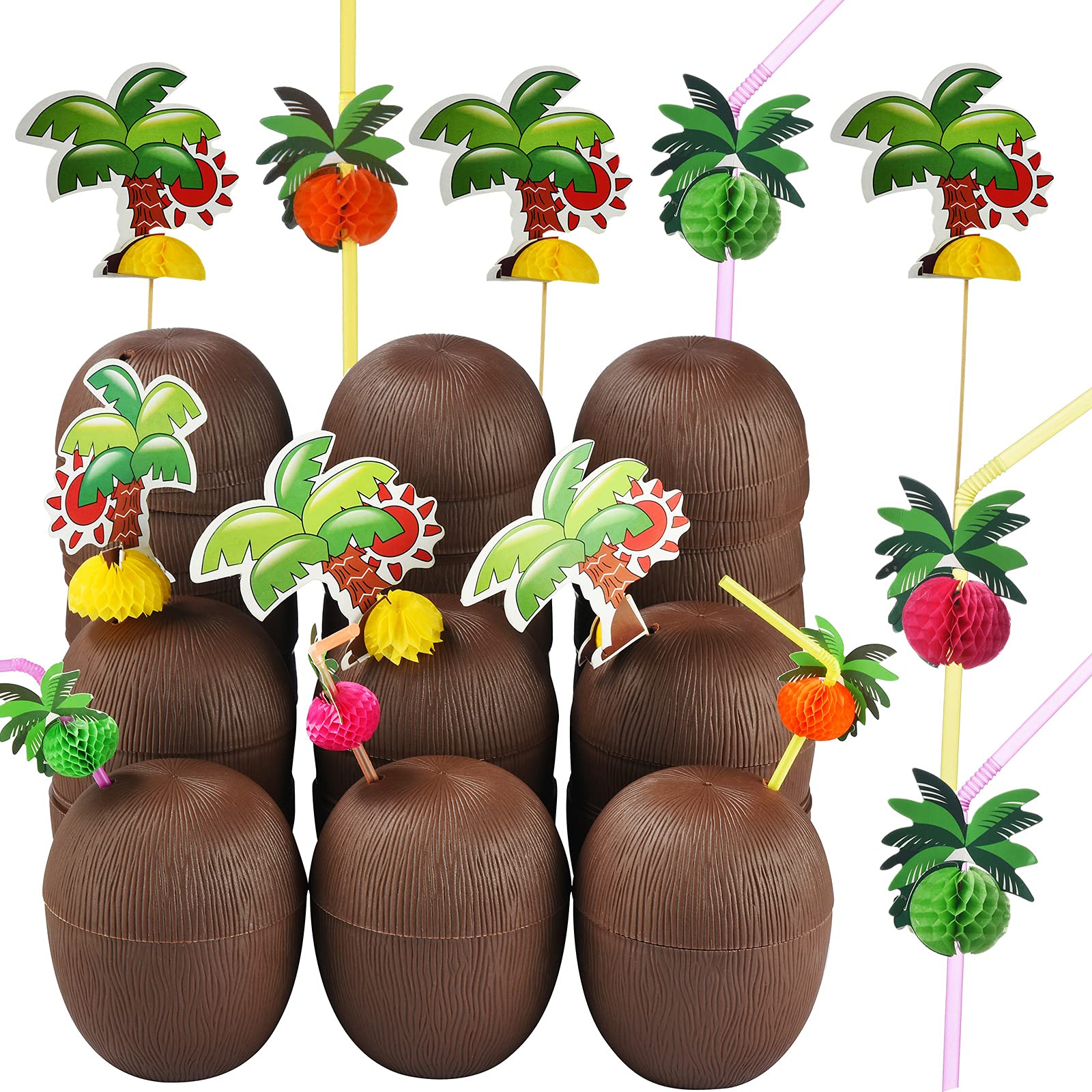 ALINK 18 Coconut Cups with 18 Straws and 18 Cocktail Drink Picks, Hawaiian Luau Tiki and Beach Party Decorations for Kids and Adults