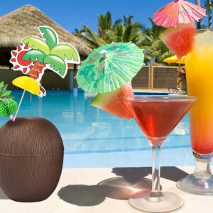 ALINK 18 Coconut Cups with 18 Straws and 18 Cocktail Drink Picks, Hawaiian Luau Tiki and Beach Party Decorations for Kids and Adults