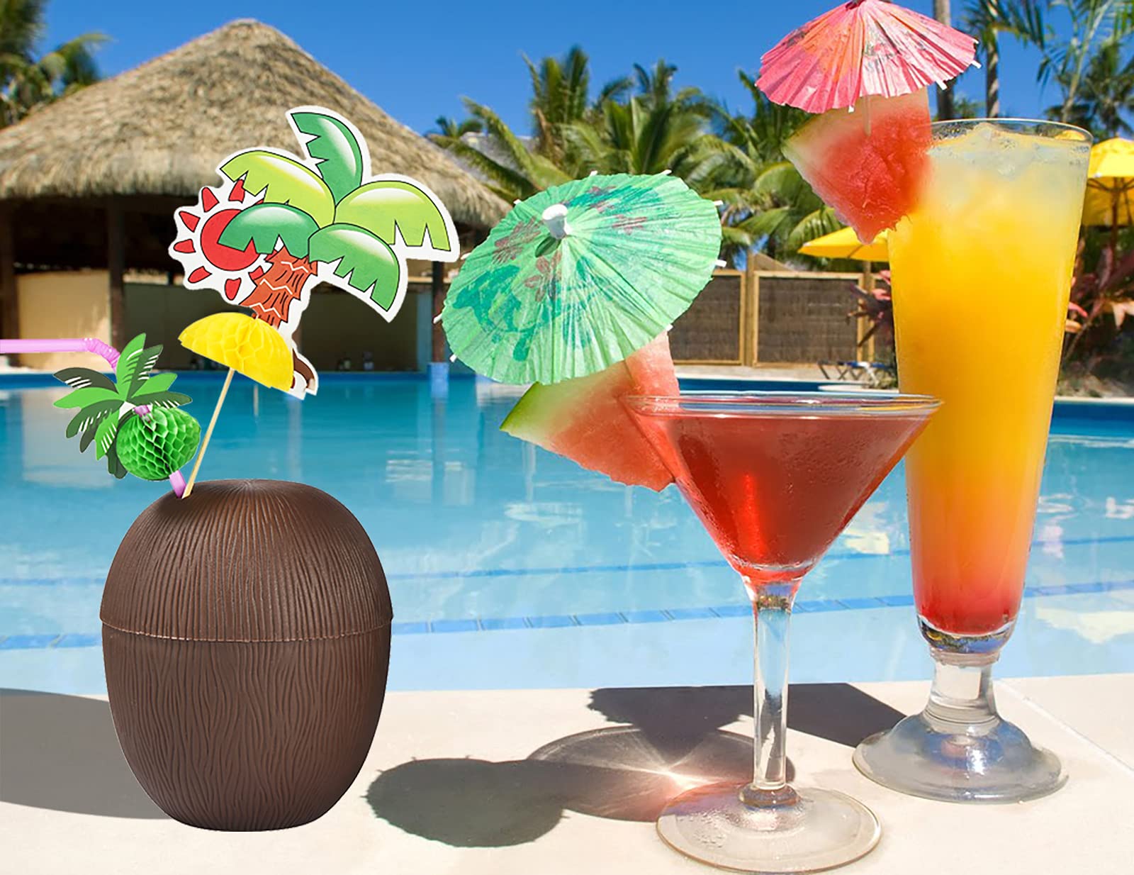 ALINK 18 Coconut Cups with 18 Straws and 18 Cocktail Drink Picks, Hawaiian Luau Tiki and Beach Party Decorations for Kids and Adults