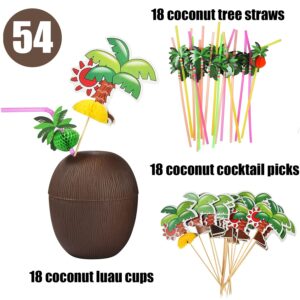 ALINK 18 Coconut Cups with 18 Straws and 18 Cocktail Drink Picks, Hawaiian Luau Tiki and Beach Party Decorations for Kids and Adults