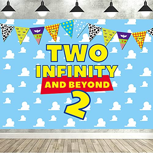 HEETON Two Infinity and Beyond Backdrop Buzz Banner Light Year Toy Inspired Story 2nd Birthday Balloons Party Supplies Decorations Photo Prop for Girl Boy Baby Background -7 x 5ft