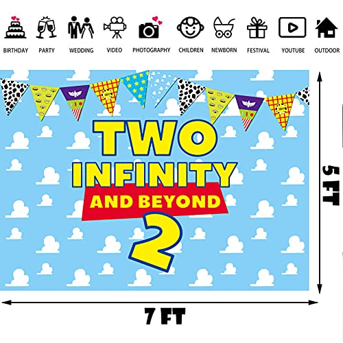 HEETON Two Infinity and Beyond Backdrop Buzz Banner Light Year Toy Inspired Story 2nd Birthday Balloons Party Supplies Decorations Photo Prop for Girl Boy Baby Background -7 x 5ft