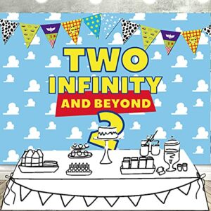 HEETON Two Infinity and Beyond Backdrop Buzz Banner Light Year Toy Inspired Story 2nd Birthday Balloons Party Supplies Decorations Photo Prop for Girl Boy Baby Background -7 x 5ft