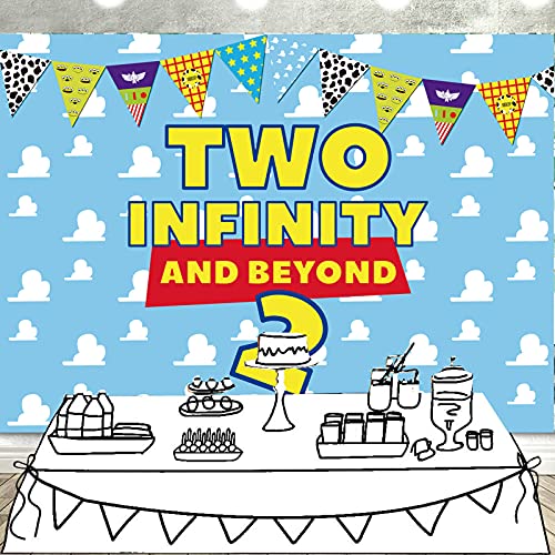 HEETON Two Infinity and Beyond Backdrop Buzz Banner Light Year Toy Inspired Story 2nd Birthday Balloons Party Supplies Decorations Photo Prop for Girl Boy Baby Background -7 x 5ft