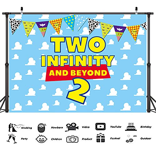 HEETON Two Infinity and Beyond Backdrop Buzz Banner Light Year Toy Inspired Story 2nd Birthday Balloons Party Supplies Decorations Photo Prop for Girl Boy Baby Background -7 x 5ft