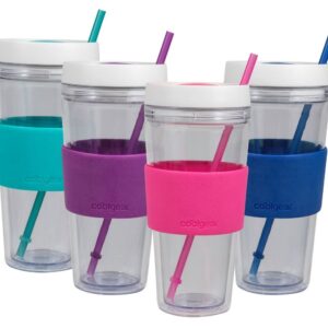 COOL GEAR 4 Pack 24 oz Callisto Clear Chiller with Straw and Band | Dual Function Closure Colored Re-Usable Tumbler Water Bottle - Teal/Purple/Pink/Blue