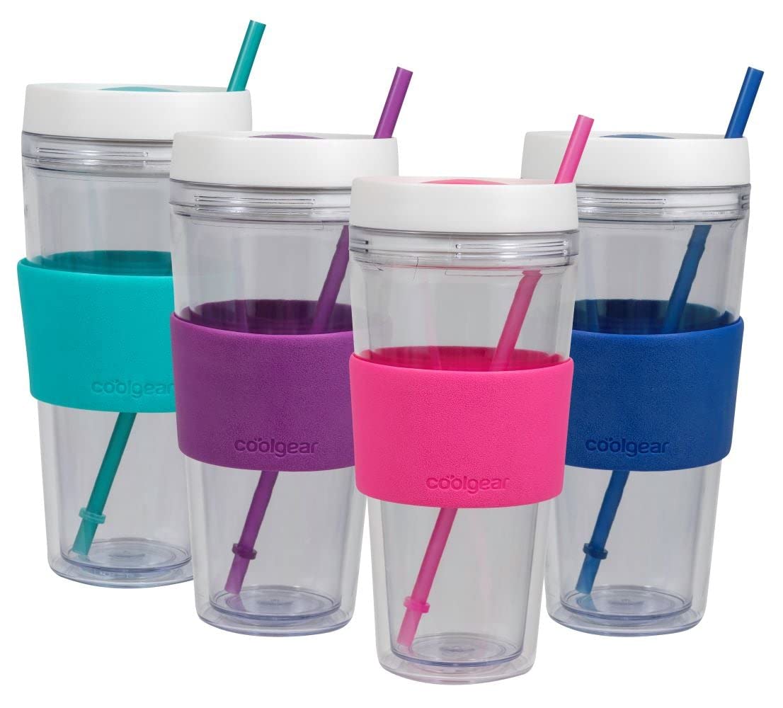 COOL GEAR 4 Pack 24 oz Callisto Clear Chiller with Straw and Band | Dual Function Closure Colored Re-Usable Tumbler Water Bottle - Teal/Purple/Pink/Blue