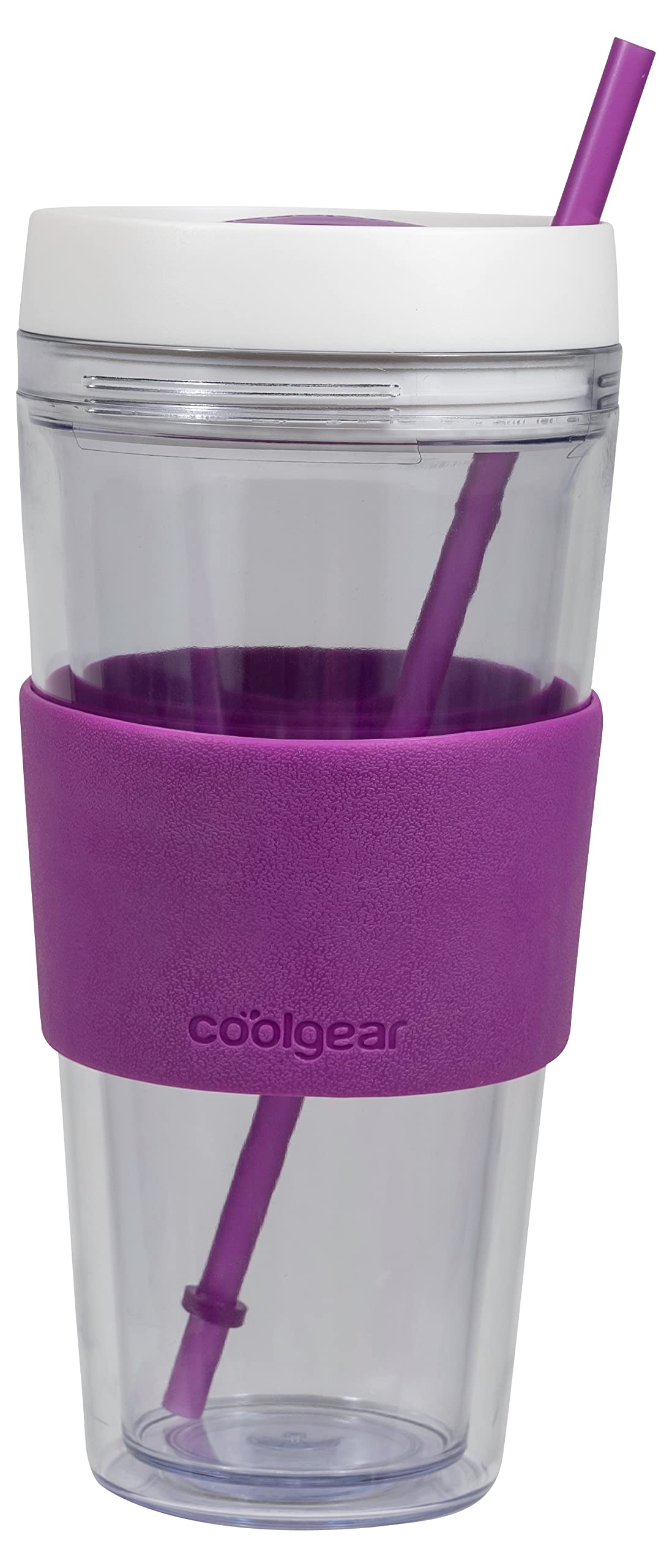 COOL GEAR 4 Pack 24 oz Callisto Clear Chiller with Straw and Band | Dual Function Closure Colored Re-Usable Tumbler Water Bottle - Teal/Purple/Pink/Blue