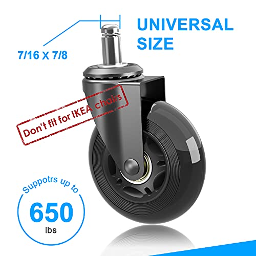 3" Office Chair Caster Wheels Replacement for Hardwood,Carpet,Tile,Universal Fit Standard Stem 7/16",Mute & Smooth Rolling Rubber Wheels for Chair to Replace Office Chair Mat,Set of 5