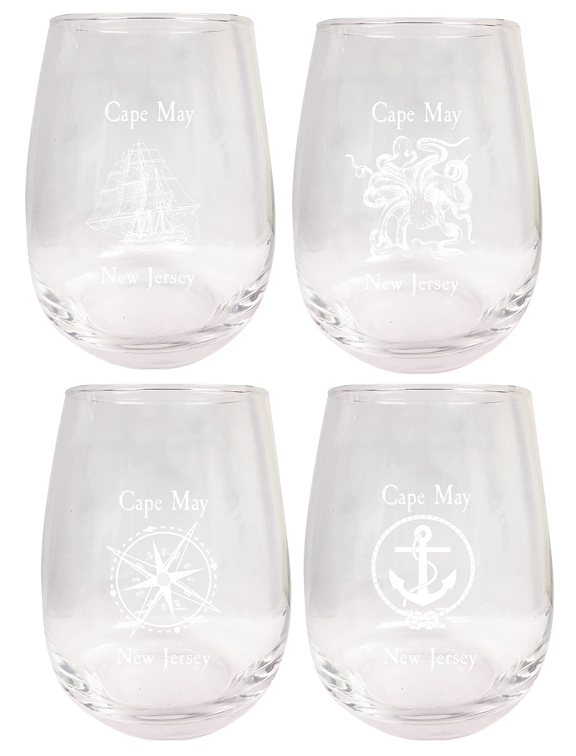 R and R Imports Cape May New Jersey Souvenir 9 Ounce Laser Engraved Stemless Wine Glass Nautical Designs 4-Pack