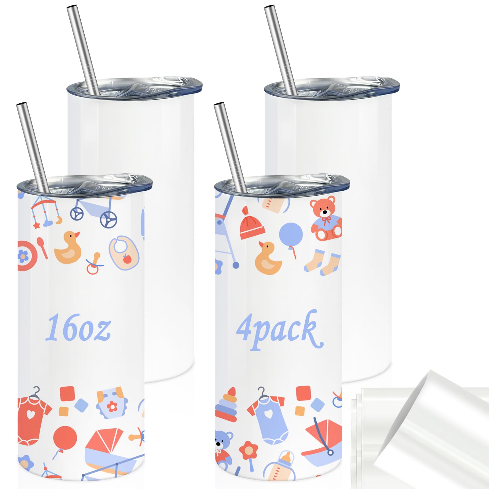 AiHeart 16oz Kids Sublimation Straight Skinny Tumbler,4pack Sublimation Stainless Steel Blanks Bulk,Double Wall Vacuum Tumblers with Shrink Wrap Films and Straw,Great DIY Gift for Kid,Toddler