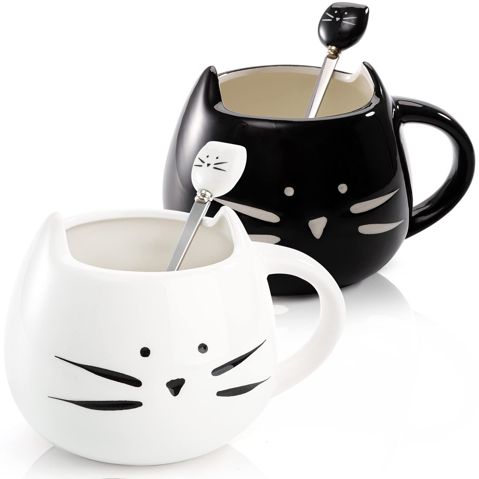 ZEAYEA Set of 2 Cat Coffee Mug, 12 oz Ceramic Cute Tea Milk Cup with Spoon for Women Girls Cat Lovers, Couple Coffee Mugs Best Gift for Christmas, Birthday, Anniversary, White and Black