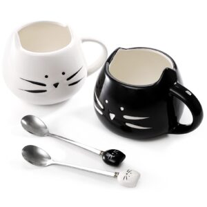 ZEAYEA Set of 2 Cat Coffee Mug, 12 oz Ceramic Cute Tea Milk Cup with Spoon for Women Girls Cat Lovers, Couple Coffee Mugs Best Gift for Christmas, Birthday, Anniversary, White and Black