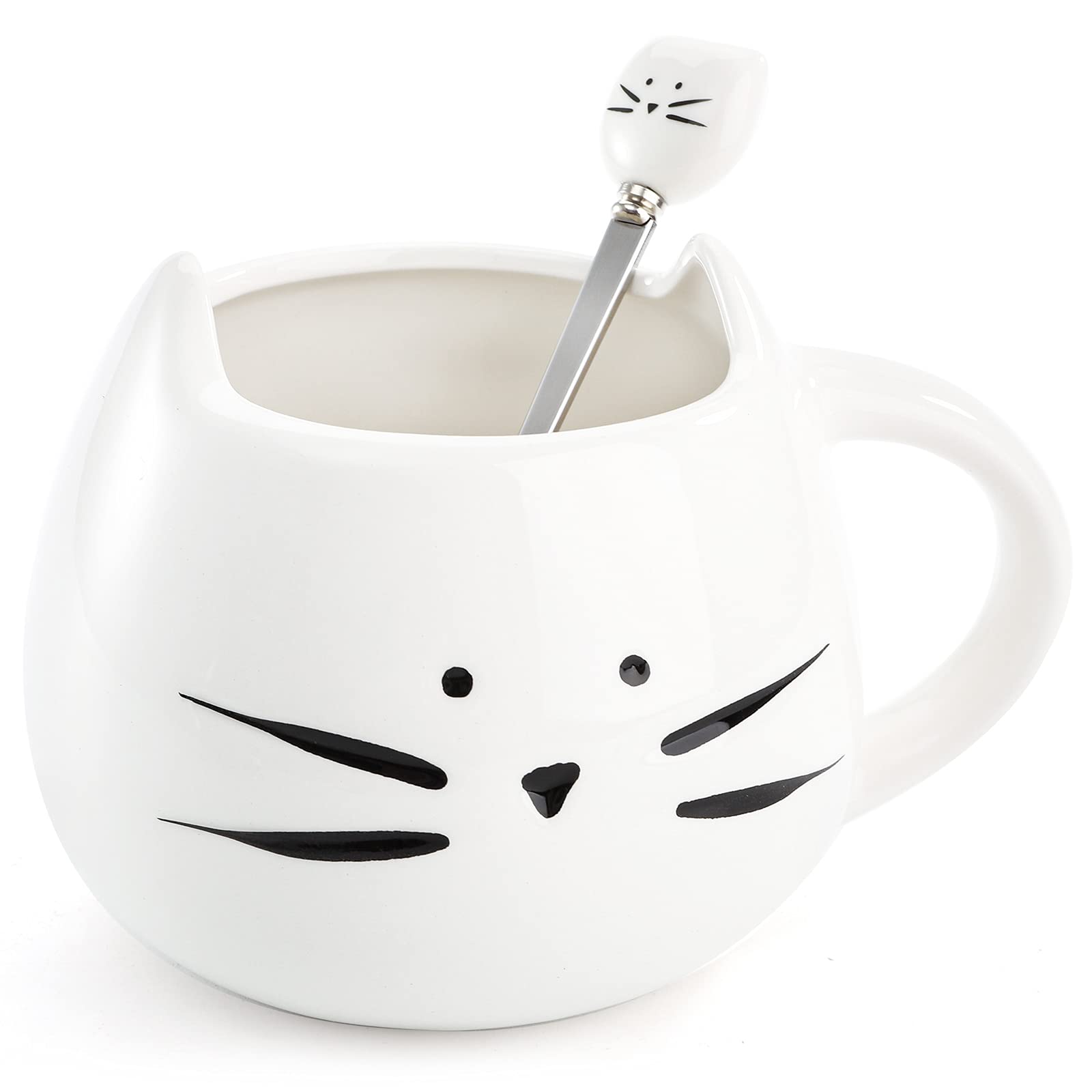 ZEAYEA Set of 2 Cat Coffee Mug, 12 oz Ceramic Cute Tea Milk Cup with Spoon for Women Girls Cat Lovers, Couple Coffee Mugs Best Gift for Christmas, Birthday, Anniversary, White and Black