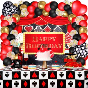 79 pcs casino theme party decorations, las vegas party decorations casino birthday party decorations supplies include casino backdrop, balloon garland kit, tablecloth, cake toppers and foil balloons