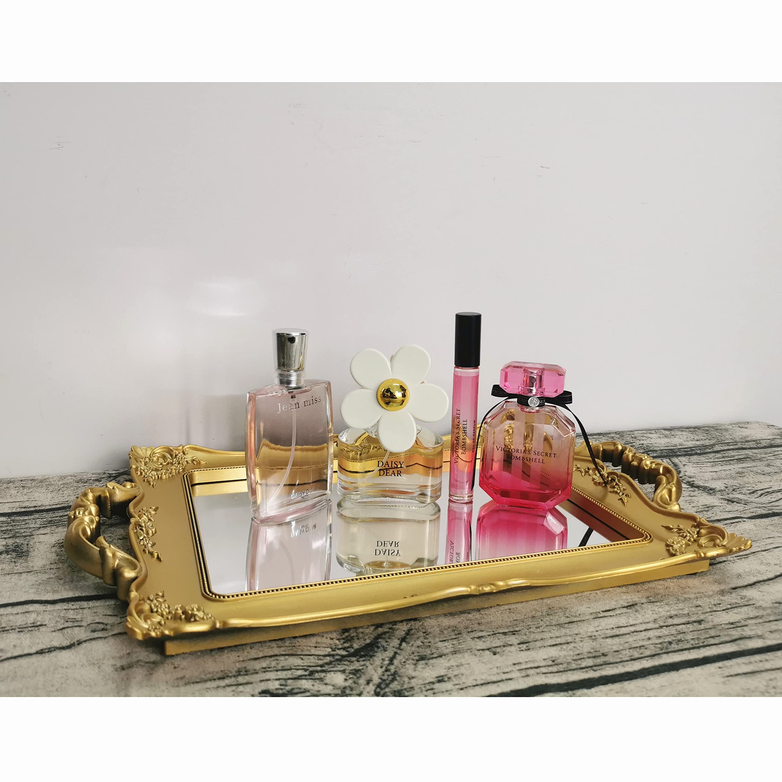 Hamphinee Rectangle Antique Decorative Mirror Tray, Perfume Organizer, Jewelry Dresser Organizer Tray & Display, Makeup Organizer Vanity Tray, Serving Tray, 9.3"x14.9", Gold