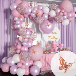 soonlyn baby shower decorations for girl 140 pcs pink balloon garland butterfly stickers 18 in 12 in 10 in 5 in lilac purple chrome rose gold confetti balloon arch kit for girl birthday party