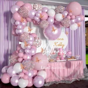 Soonlyn Baby Shower Decorations for Girl 140 Pcs Pink Balloon Garland Butterfly Stickers 18 In 12 In 10 In 5 In Lilac Purple Chrome Rose Gold Confetti Balloon Arch Kit for Girl Birthday Party