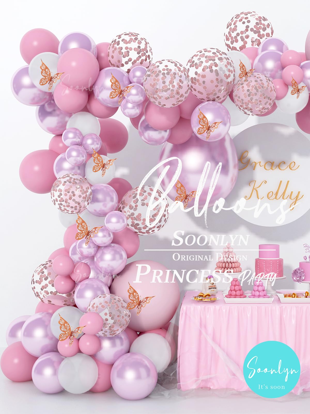 Soonlyn Baby Shower Decorations for Girl 140 Pcs Pink Balloon Garland Butterfly Stickers 18 In 12 In 10 In 5 In Lilac Purple Chrome Rose Gold Confetti Balloon Arch Kit for Girl Birthday Party