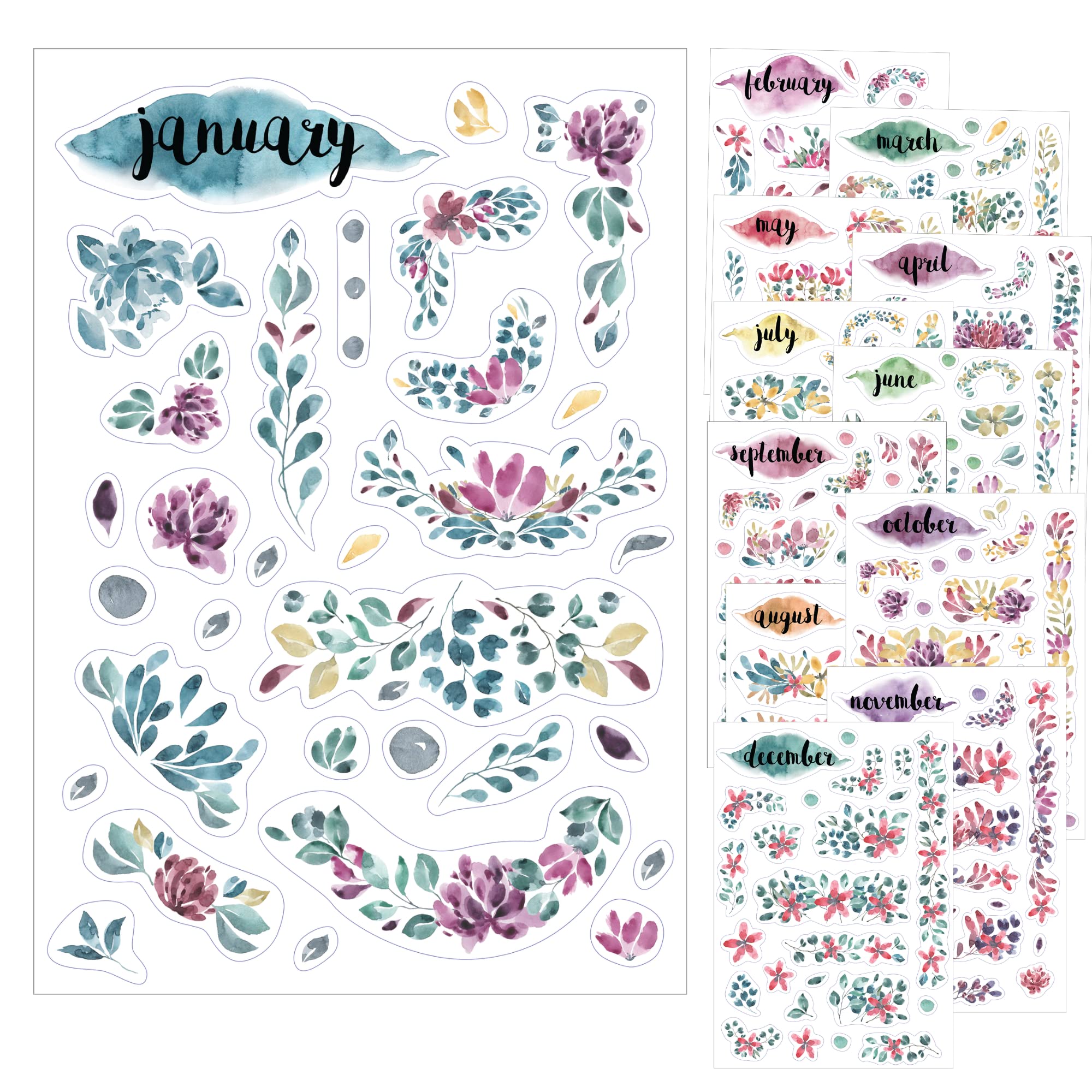 Transparent Monthly Planner Stickers - 12 Clear Sticker Sheets with Beautiful Watercolor Stickers & Undated Calendar Sticker Months - Planner, Scrapbooking and Journaling Supplies (Floral)