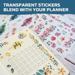 Transparent Monthly Planner Stickers - 12 Clear Sticker Sheets with Beautiful Watercolor Stickers & Undated Calendar Sticker Months - Planner, Scrapbooking and Journaling Supplies (Floral)