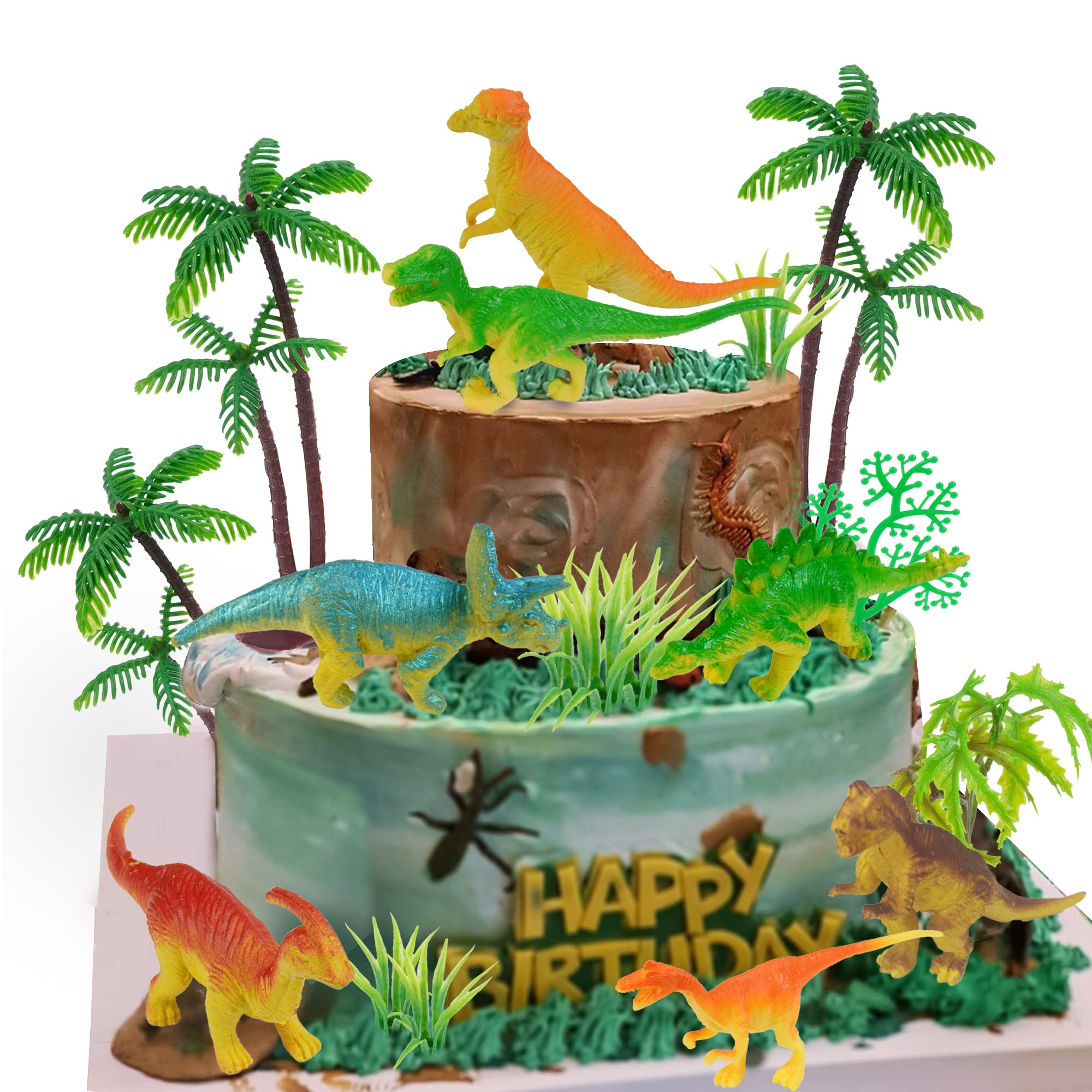 MOMOONNON 32pcs Dinosaur & Tree Toy Set, Realistic Cake Toppers, Birthday Party Decor for Boys & Girls