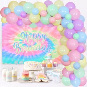 tie dye birthday decorations for girls - macaron color balloon garland kit with tie dye happy birthday backdrop tie dye theme birthday party decorations supplies set