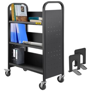 bestequip book cart, 200lbs library cart, 30x14x45 inch rolling book cart, single sided v-shaped sloped shelves with 4 inch lockable wheels for home shelves office and school book truck in black