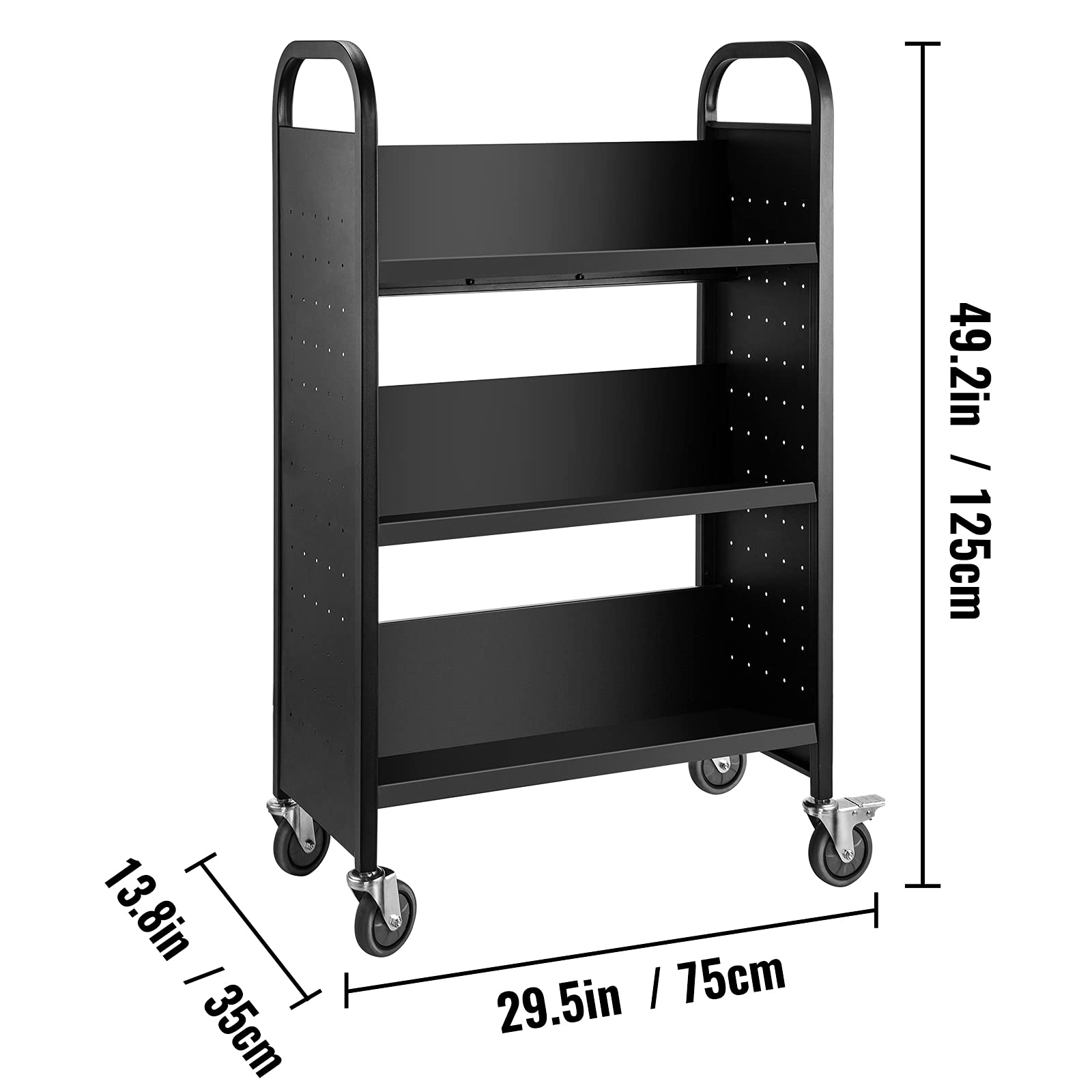 BestEquip Book Cart, 200LBS Library Cart, 30x14x45 Inch Rolling Book Cart, Single Sided V-Shaped Sloped Shelves with 4 Inch Lockable Wheels for Home Shelves Office and School Book Truck in Black